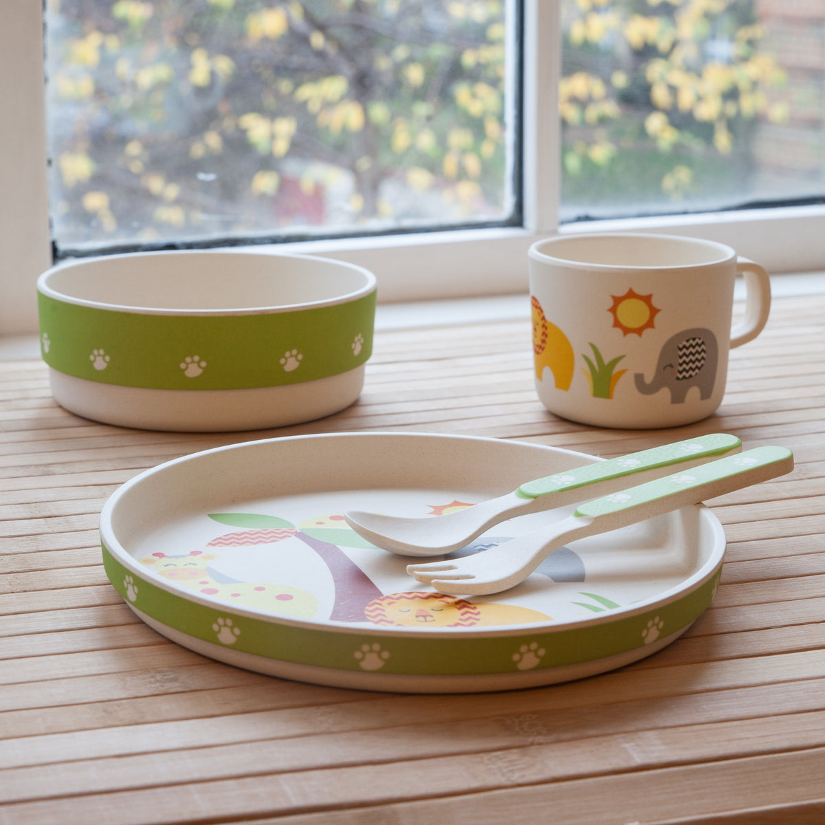 5 Piece SAFARI ANIMALS Kids Bamboo Dinnerware Set by Tinkie Toys ...